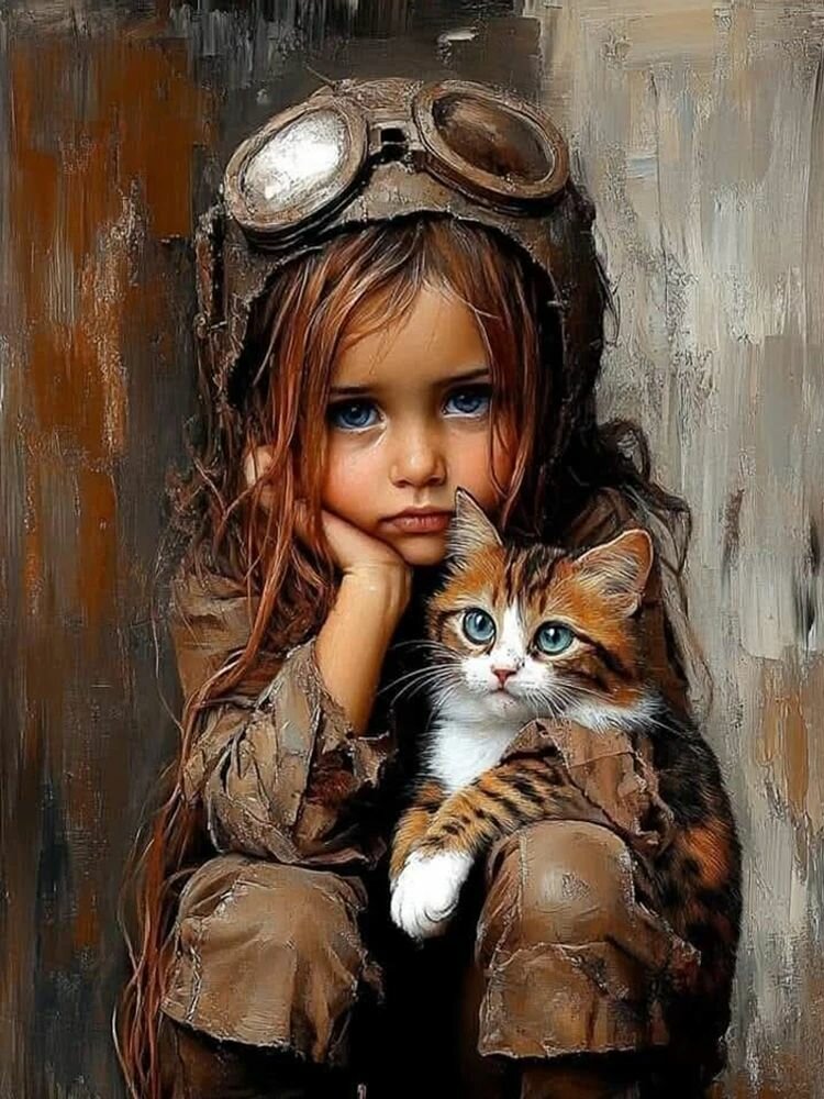 Алмазная картина "девочка и кошка" алмазная огранка 40х50 см,40X50CM, белый