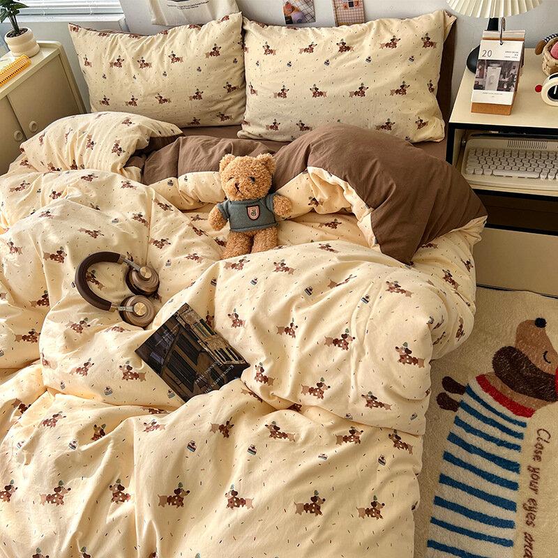 Комплект из четырех простыней из стираного хлопка с милым рисунком (класс А), осеннее постельное белье, пододеяльник для студенческого общежития, комплект из трех предметов,150*200cm