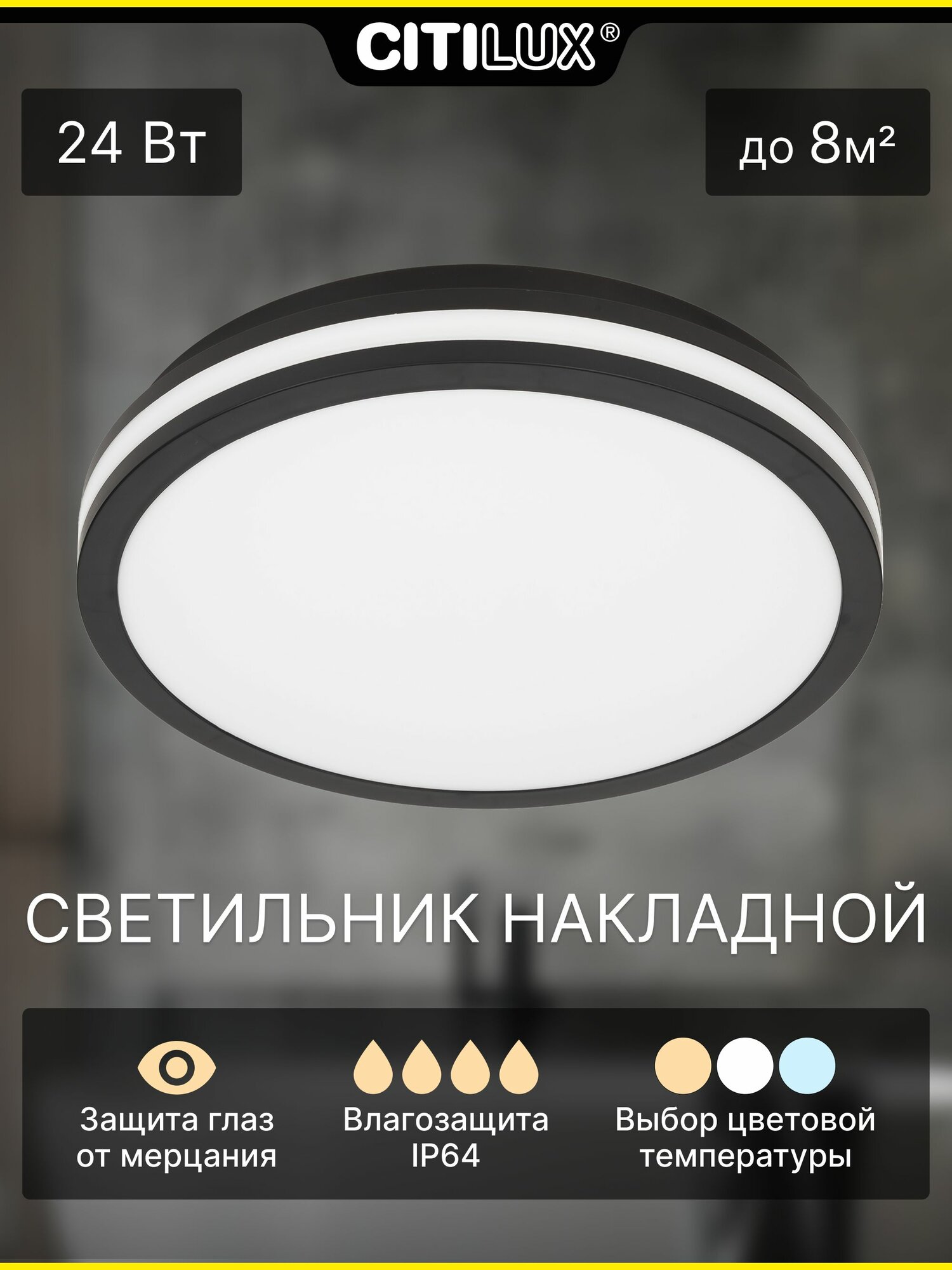 Светодиодный влагозащищённый накладной светильник Citilux LUNS CL711021V, круглый, IP64, 24Вт, чёрный