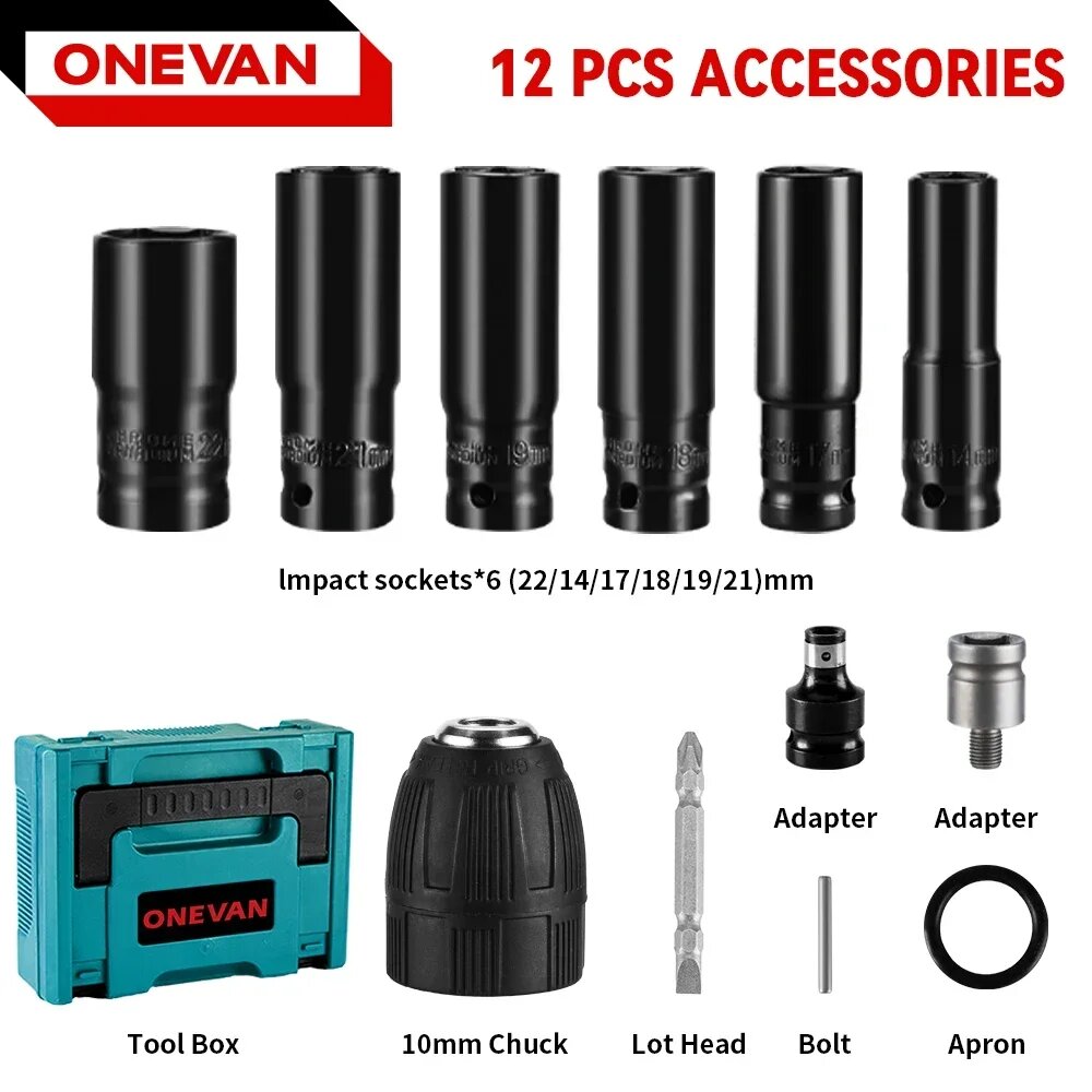 Электрический ударный гайковерт ONEVAN, набор из 12 предметов Blue box-B