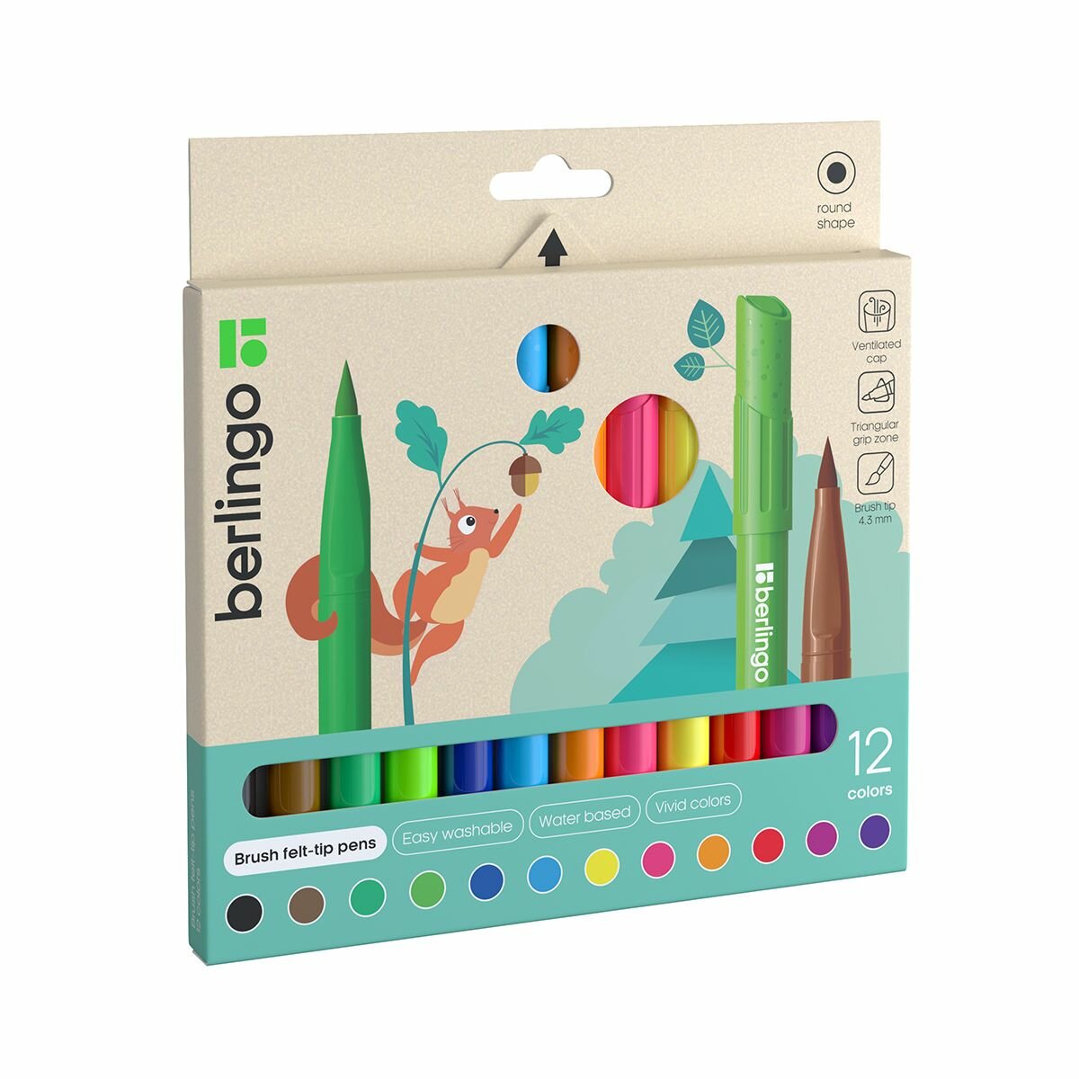 3 шт. Фломастеры с кистевым пишущим узлом Berlingo "Brush", 12цв, смываемые, картон, европодвес