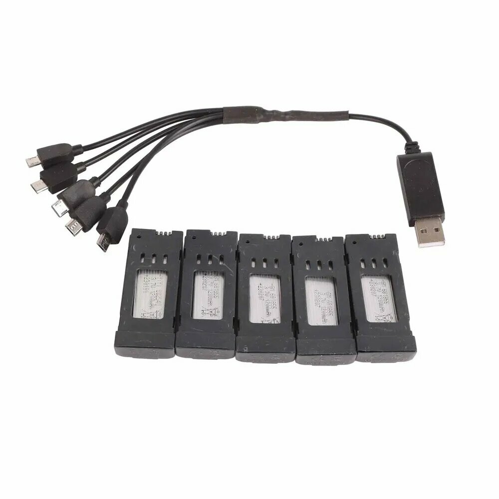 Батарея литиевая 3.7V 1200mAH для портативного дрона с кабелем зарядки 5 в 1, запчасти радиоуправляемого квадрокоптера E58 JY019, черный, 5 штук