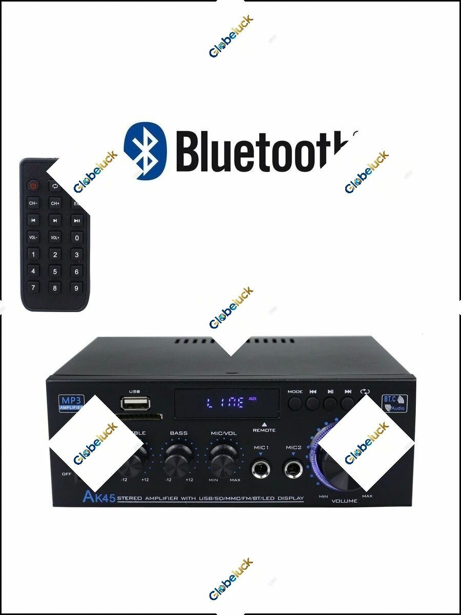 Эксклюзивный усилитель AK45 с Bluetooth, USB и FMрадио, 40Вт мощности, HiFi звучанием, пультом ДУ, регулировкой НЧ/ВЧ для 1224В и 416 Ом-M