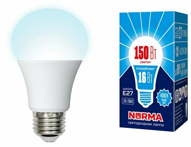 Лампа светодиодная Volpe LED-A60-16W/NW/E27/FR/NR, форма А, матовая, Серия Norma, белый свет (4000К) (4026) в упаковке 3 шт