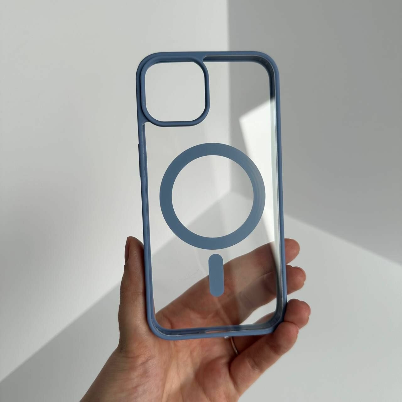 Чехол, накладка магсейф на Айфон 15 про для магнитных аксессуаров, противоударный, прозрачный голубой