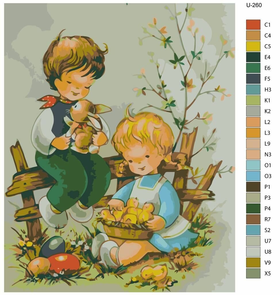 Картина по номерам U-260 "Пасха. Дети играют с кроликом и цыплятами" 40x50 см