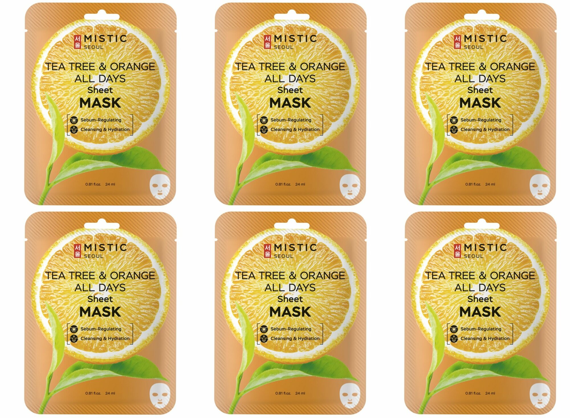 MISTIC Тканевая маска для лица с экстрактами чайного дерева и апельсина, 22 мл, 6 шт