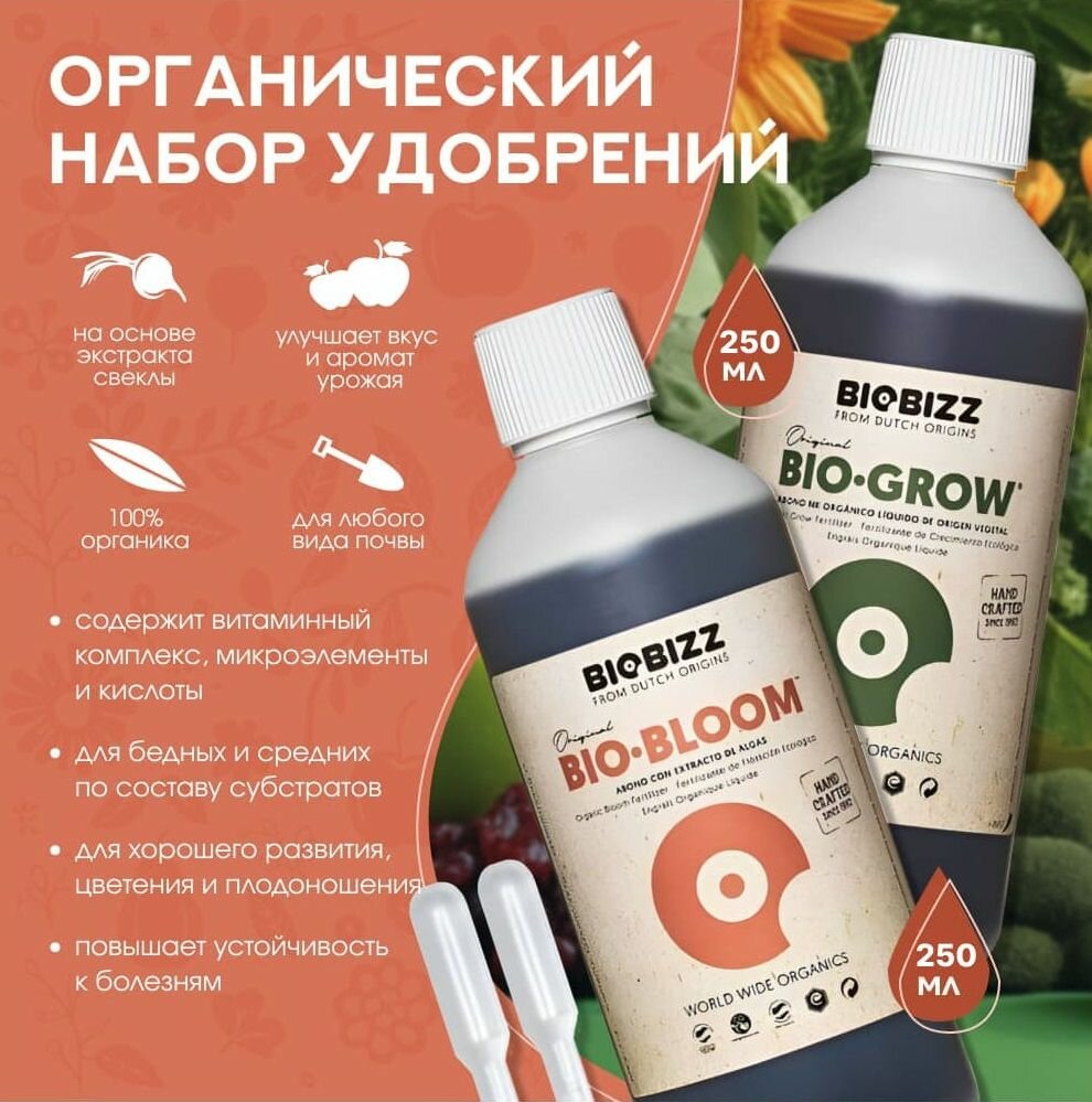 Удобрение органическое для растений, комплект BioBizz Grow+Bloom 250 мл.