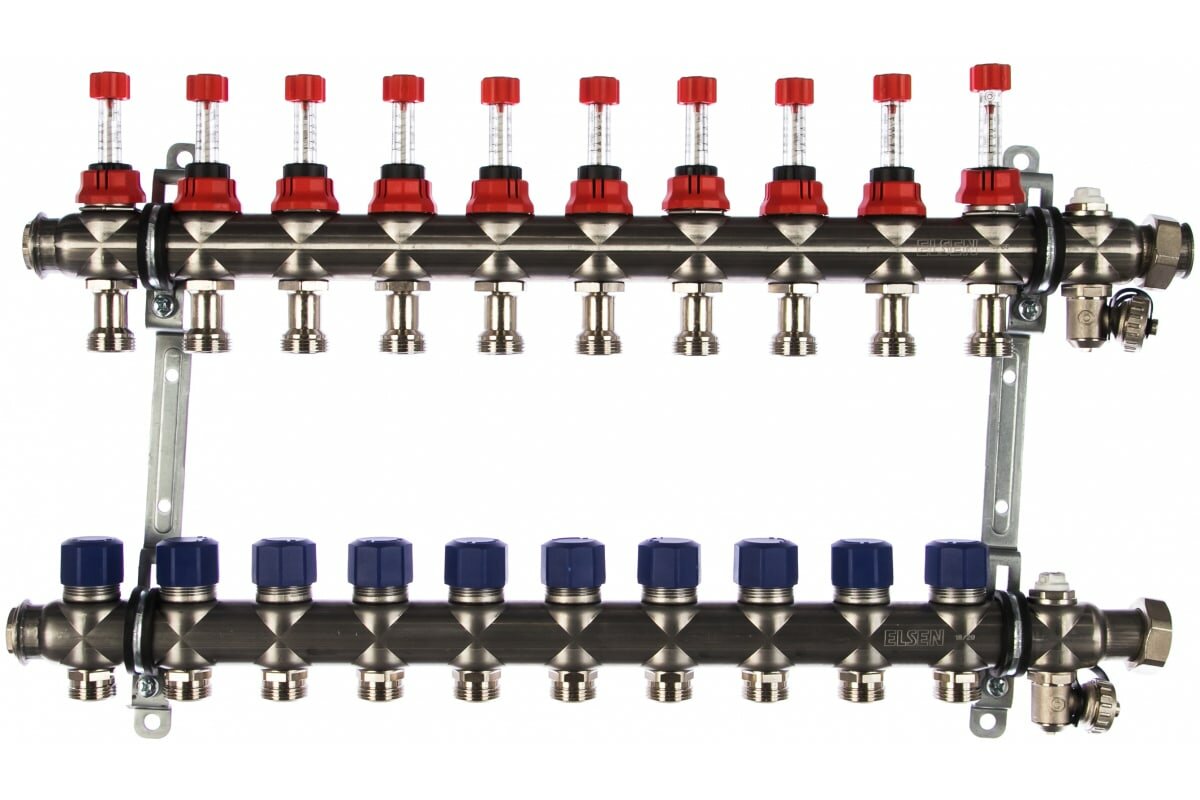 Elsen Коллекторная группа, 1", 10 контуров, размер отвода-3/4", с вентилями и расходомерами, нержавеющая сталь