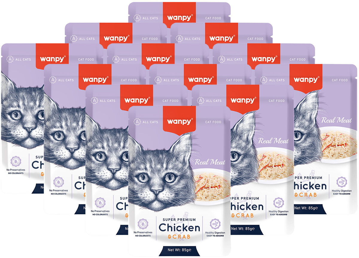 Корм влажный Wanpy Cat Chicken & Crab для кошек, курица и краб, 85 г х 12 шт