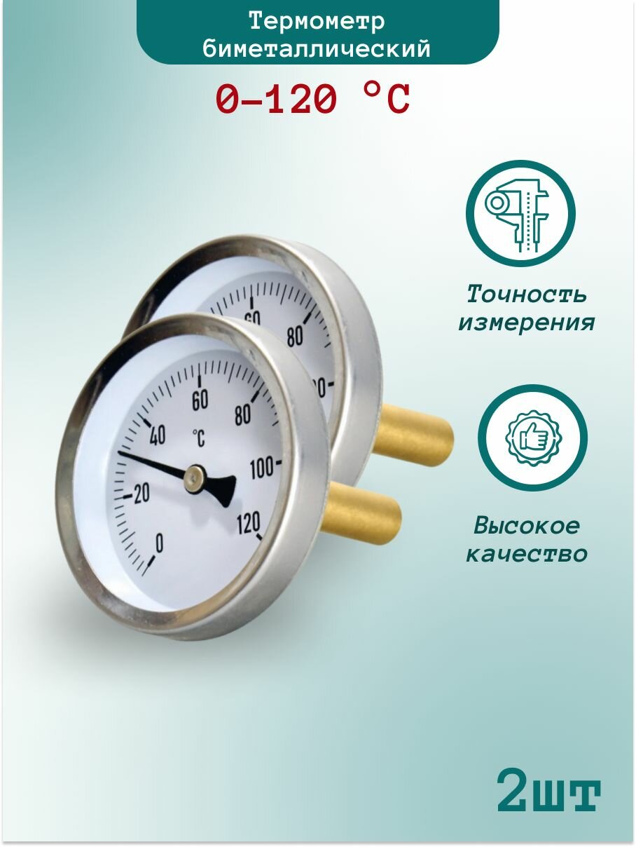 Термометр биметаллический 0-120С с гильзой для перегонного куба, самогонных аппаратов, гриля, коптильни - 2шт