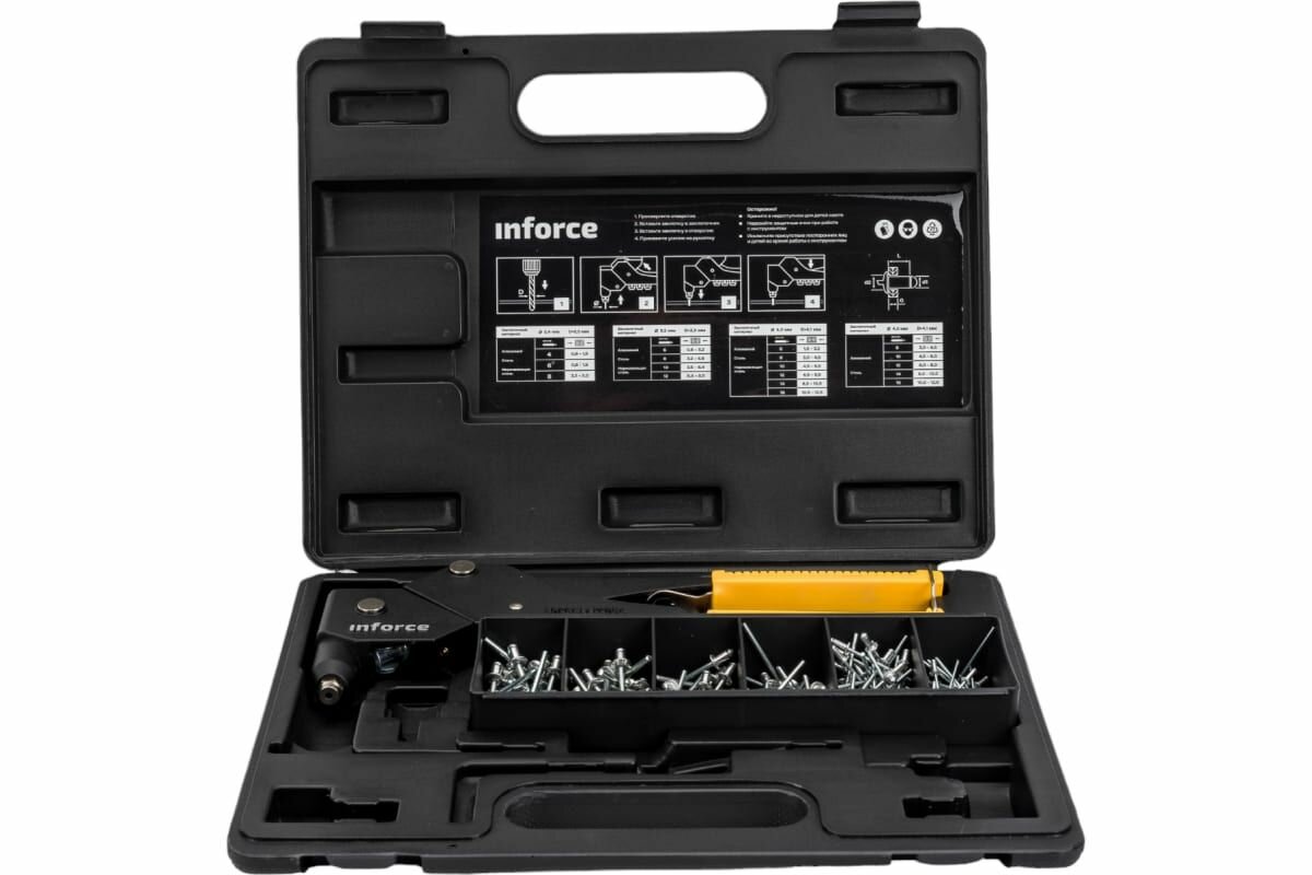 Литой ручной заклепочник Inforce поворотный 360 град, в кейсе, с набором заклепок 2.4-4.8 мм 06-14-111
