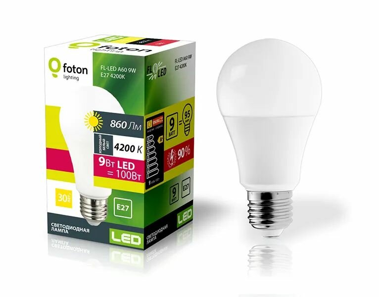 4шт/уп. Лампа LED Груша 9Вт 220-240В E27 860Лм 4200К Угол 140 град. d 60mm h 109mm Свет Дневной белый Foton Lighting, уп. 4шт
