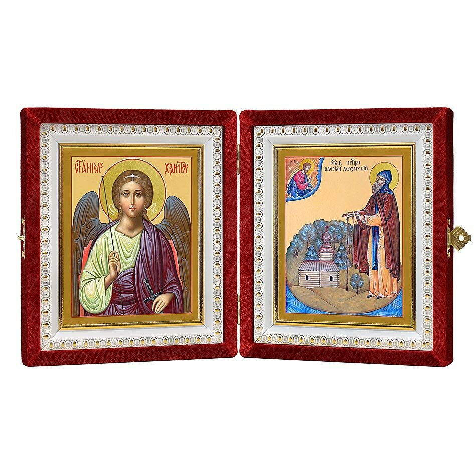 Складень именной "Преподобный Кассиан Муезерский, Соловецкий чудотворец - Ангел Хранитель", размер ликов 10*12 см