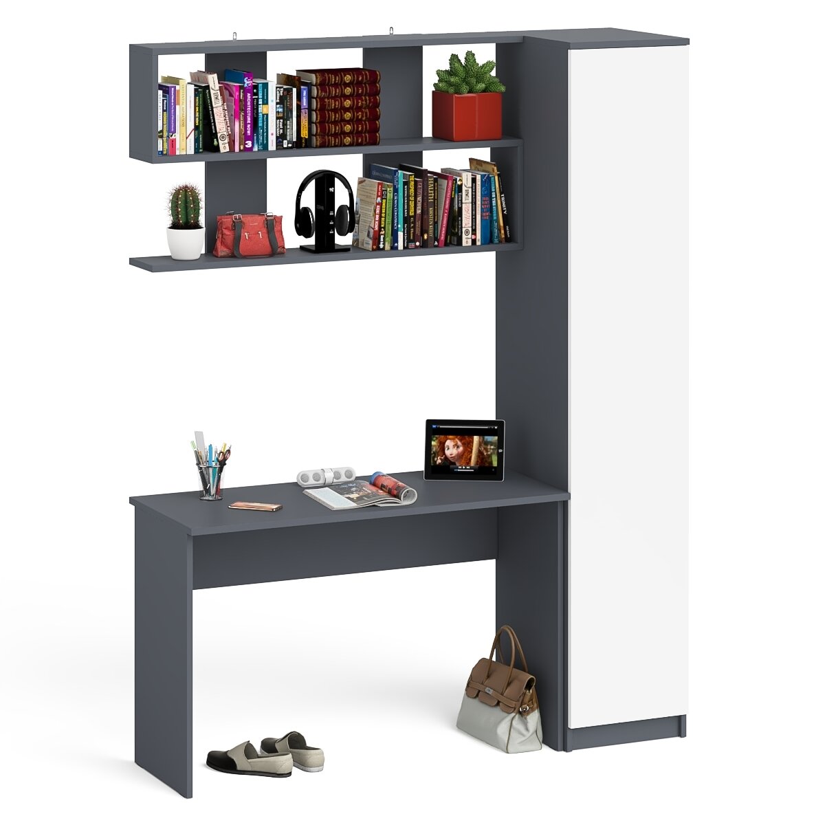 Стол письменный Мори МСП1200.1 + Пенал МШ400.1 + Полка 1200, цвет графит/белый