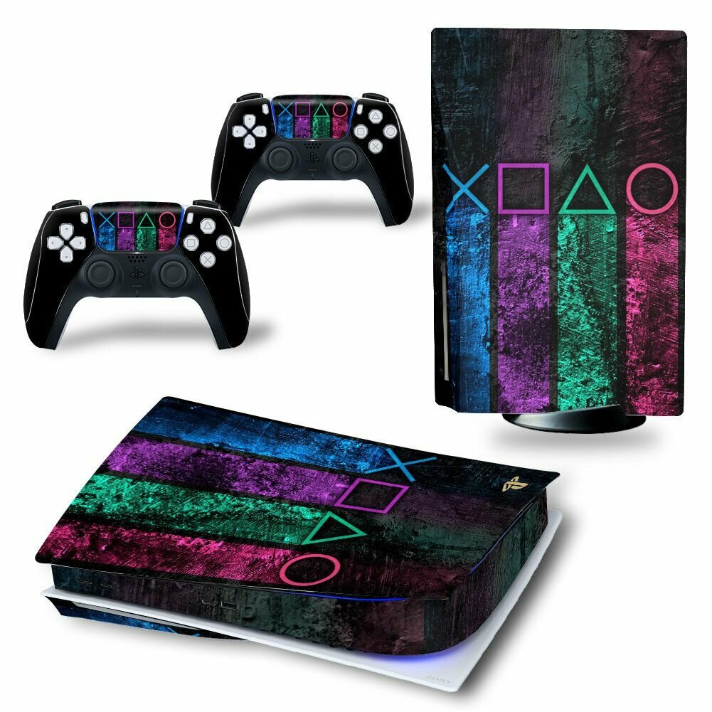 Наклейка виниловая защитная на игровую консоль Sony PlayStation 5 Fat Disc Edition, Значки PS, полный комплект с геймпадами