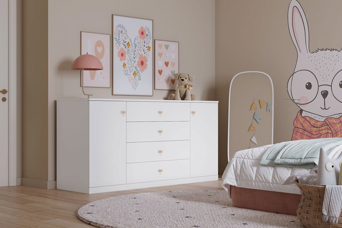 Комод МебельЛэнд24 Стрекоза Mini - 3 Белый 160x52x80 двухдверный с 4 ящиками