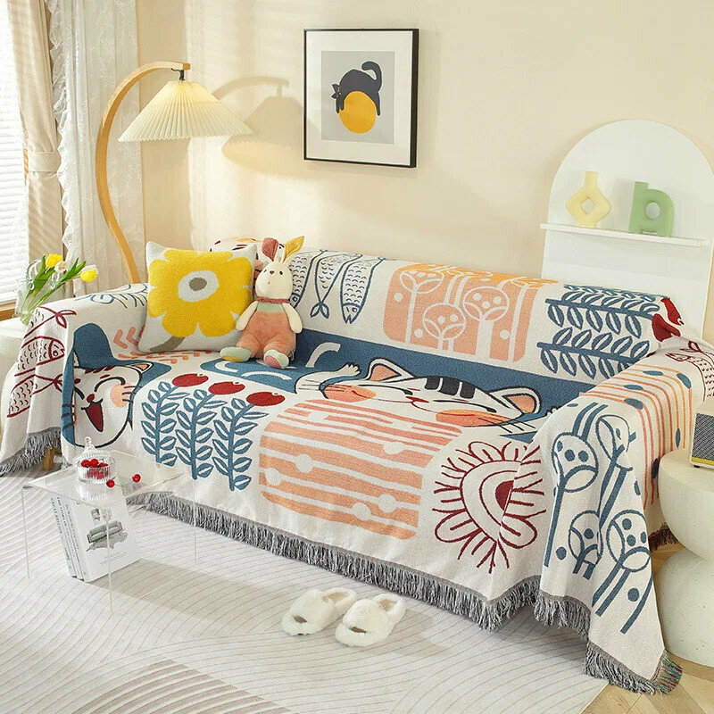 Плед хлопковый двусторонний с бахромой, 210 х 90 см, счастливый кот