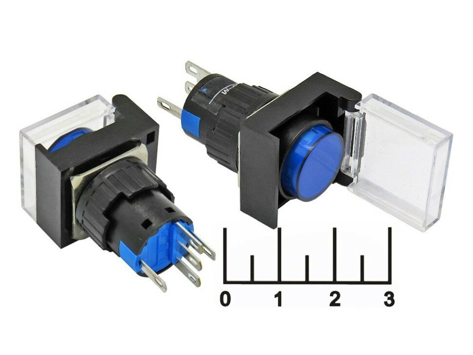Кнопка 250/3 AL6 синяя круглая без фиксации с крышкой 5 контактов (подсветка 12V)