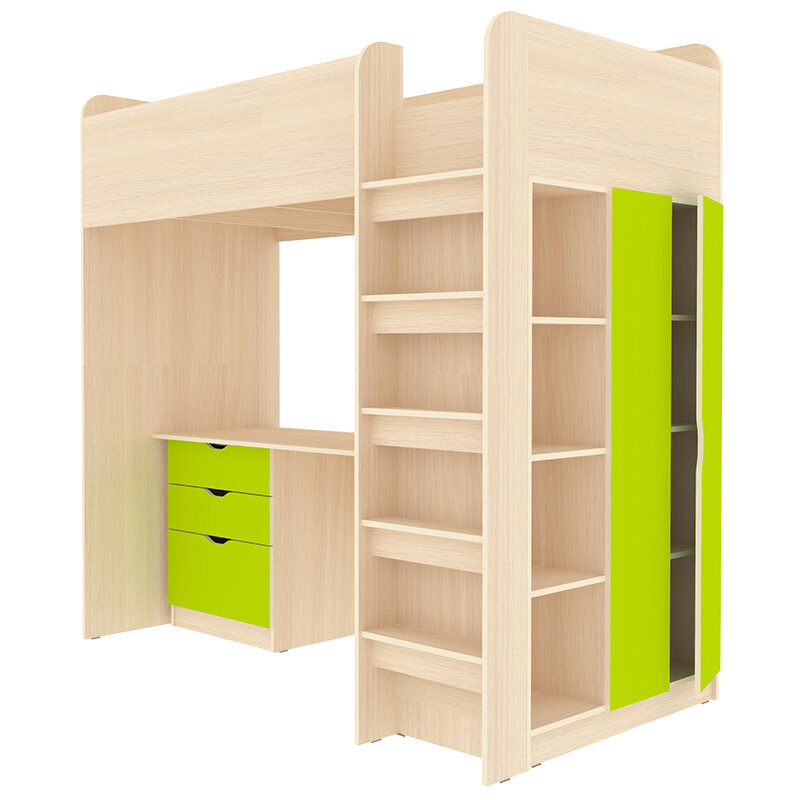 Кровать-чердак Polini Simple с письменным столом и шкафом Дуб Молочный Лайм