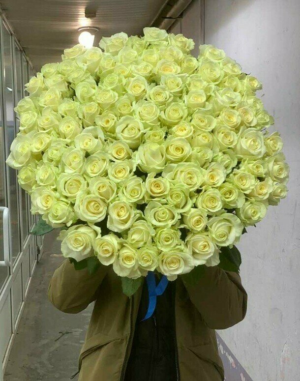 Букет Well Flowers, круглый, 75 белых роз, XXL, на стеблях, букет свежих цветов