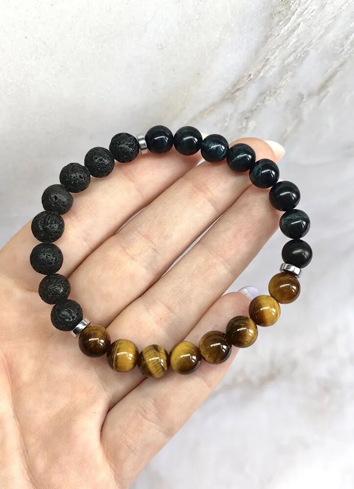 Браслет, тигровый глаз, соколиный глаз, вулканическая лава