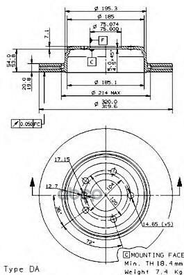 Диск тормозной BMW 5 Touring (E61) 523 i 2007-2010 шт. Brembo арт. 09.9425.10