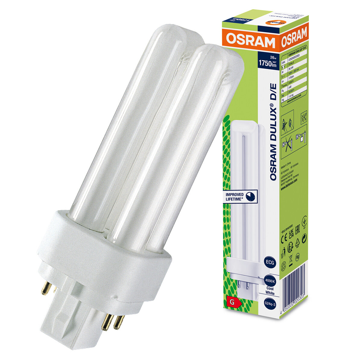 Лампа OSRAM DULUX D/E 26W/21-840, G24q-3, холодный белый, 4000К, 1800Лм, Люминесцентная