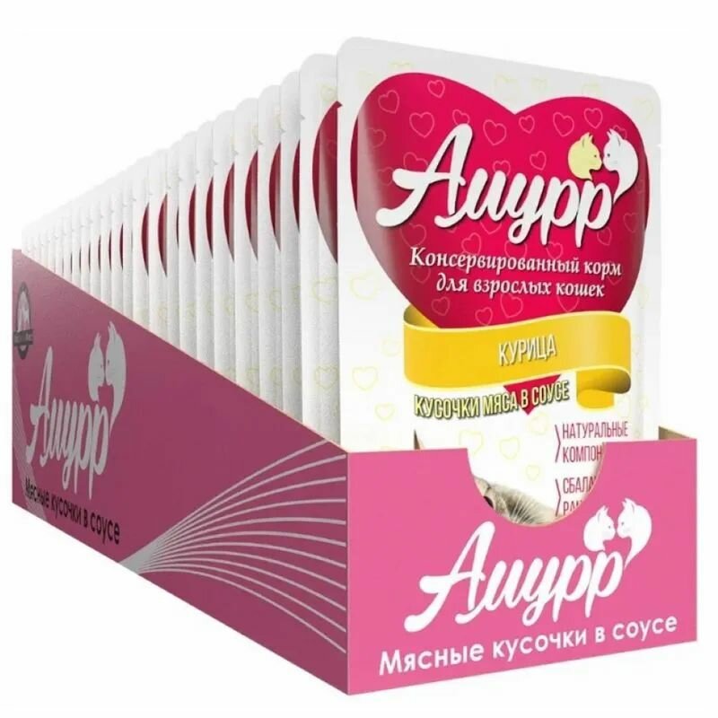 Консервированный корм для кошек Амурр "Курица" в соусе, 100 гр х 24шт