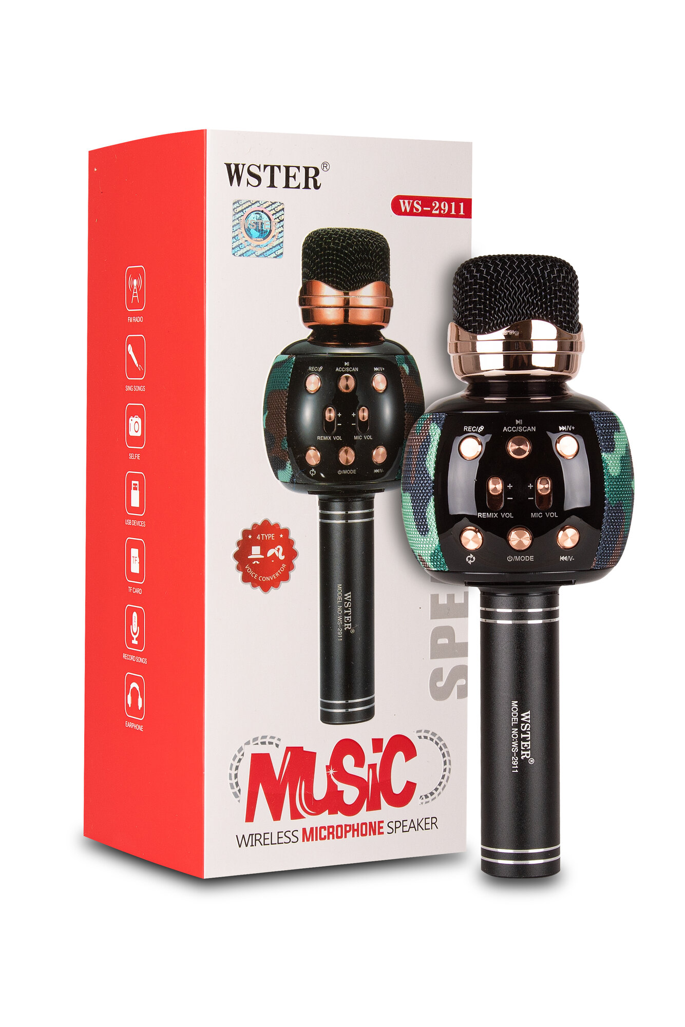 Оригинальный караоке-микрофон WSTER WS-2911 с колонкой, Bluetooth, портативный, 5Вт, хаки