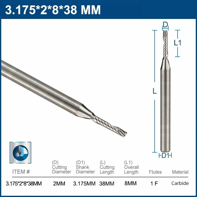 Фреза спиральная XCAN однозаходная 3,175x2x8x38мм, Фреза концевая спиральная по дереву и пластику