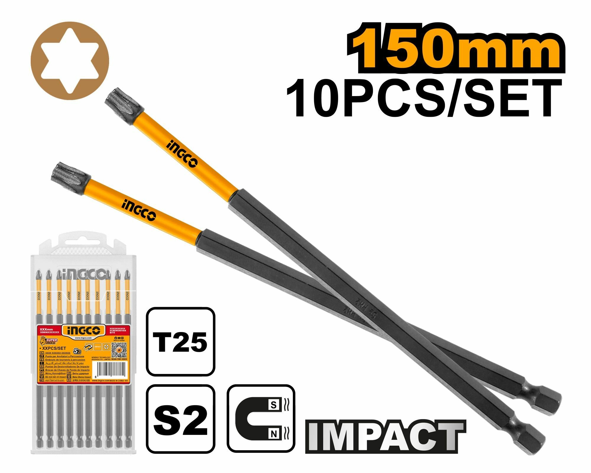 Набор ударных бит IMPACT INGCO SDBIM11T2563 INDUSTRIAL T25х150 мм 10 шт.