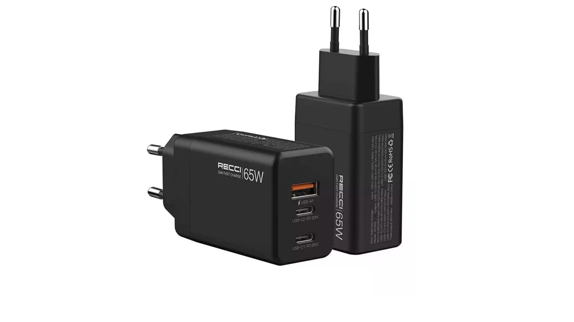 Сетевое зарядное устройство Recci RC65E GAN 65W Travel Charger, 2C+U, Черный