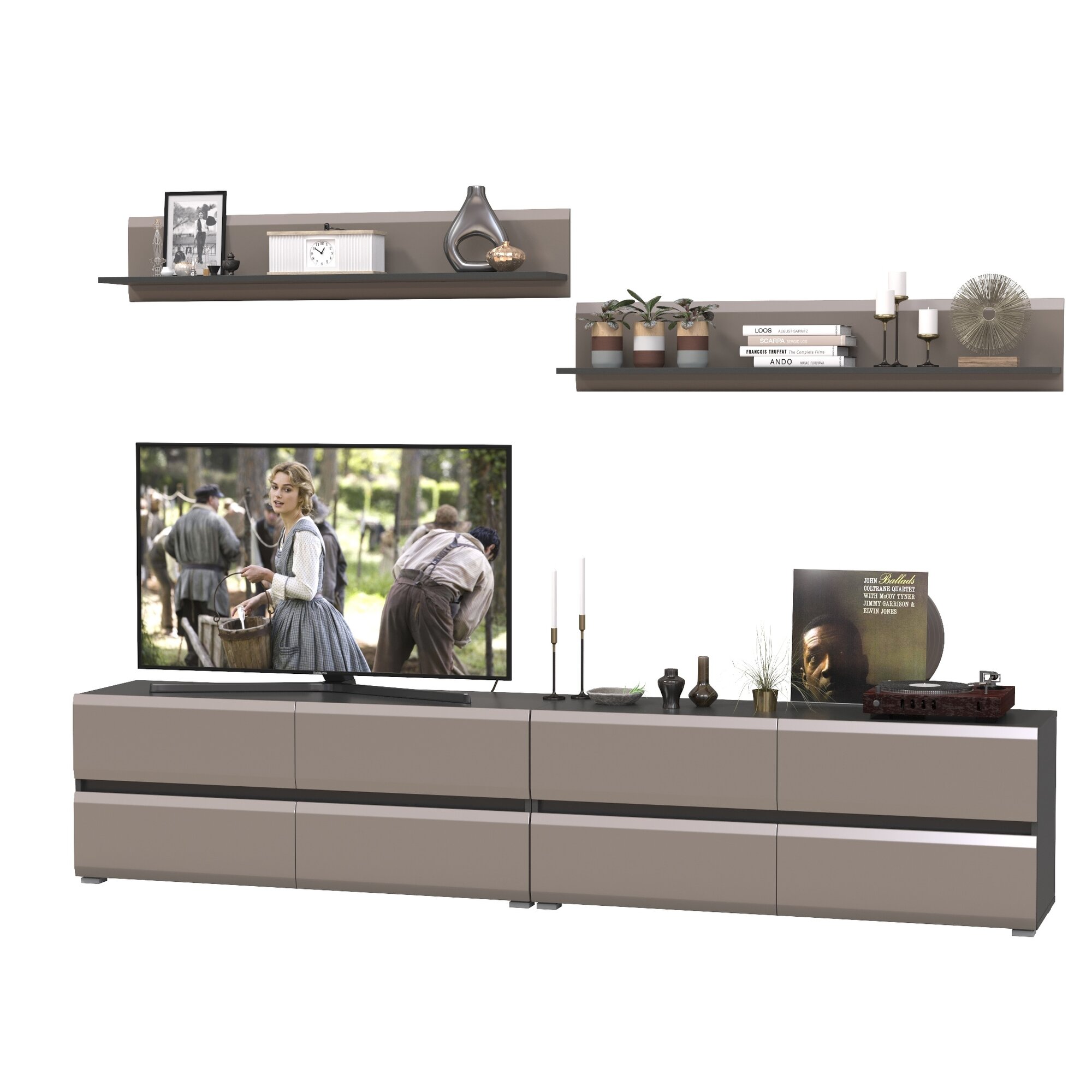 Две ТВ-тумбы с двумя навесными открытыми полками Сидней, цвет антрацит/веллюто, 260х41,3х200 см.