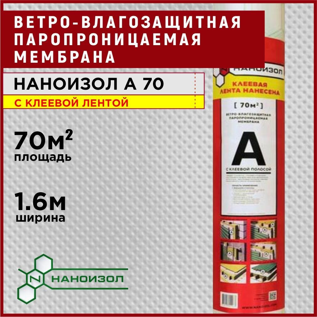 Ветро влагозащитная мембрана ветрозащита для стен и кровли наноизол A 70 м2 с клеевой лентой