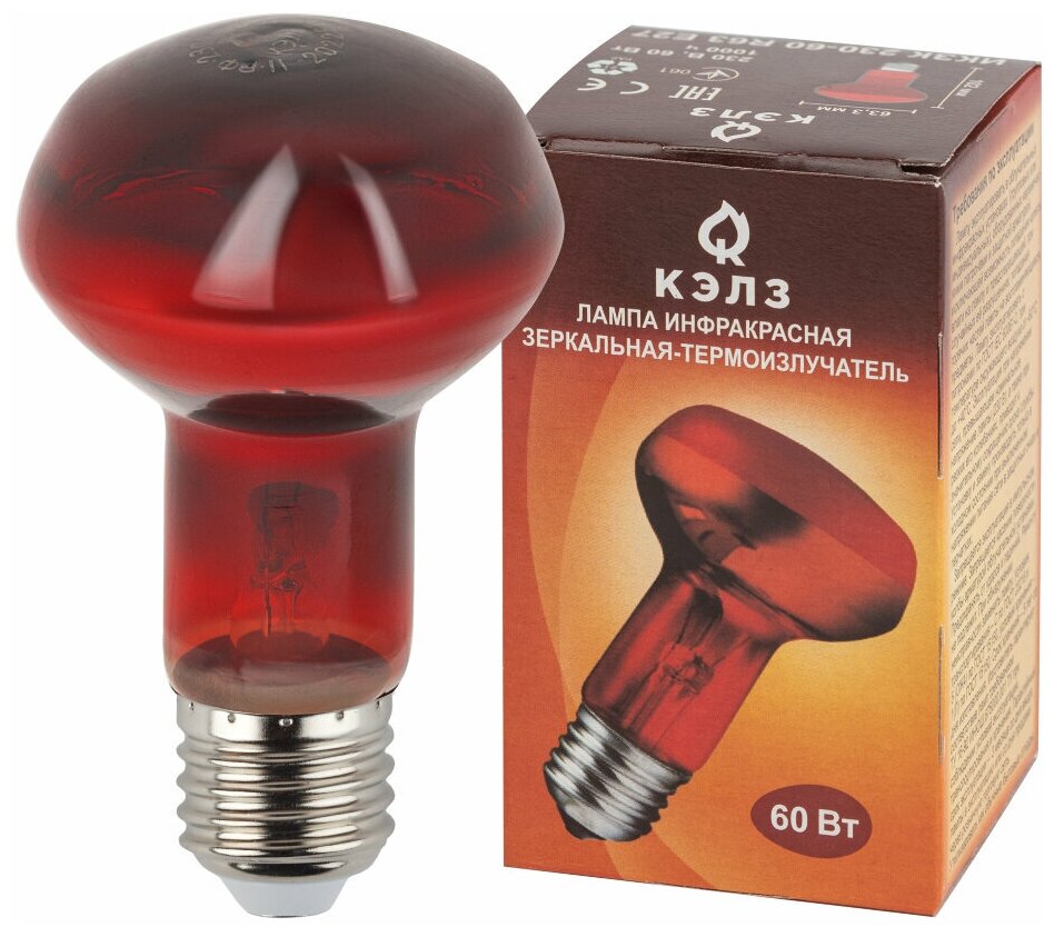 Лампа Инфракрасная икзк 60W E27 230-60 R63, 1 шт / Инфракрасная лампа для курятника цыплят животных