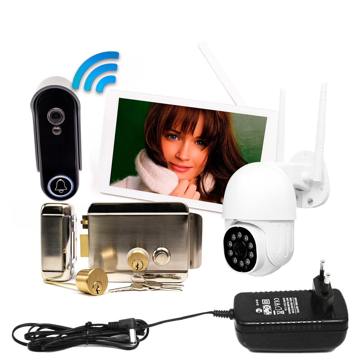 Беспроводной HD видеодомофон TUYA-WiFi на батарее и электромеханический замок AX042 - Sky-Net 1100-Tuya (1+1+AX042)-2.4G и уличная 5mp поворотная WiFi