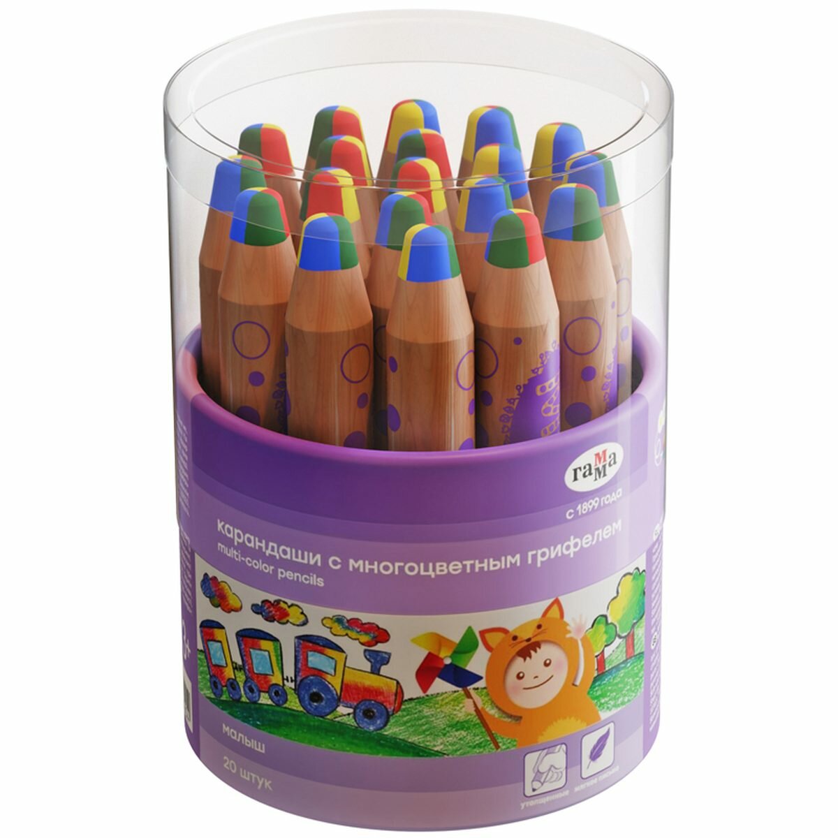 Карандаш многоцветный Гамма "Малыш" (d=10мм, утолщенный) пластиковая туба (80220220), 20 уп.