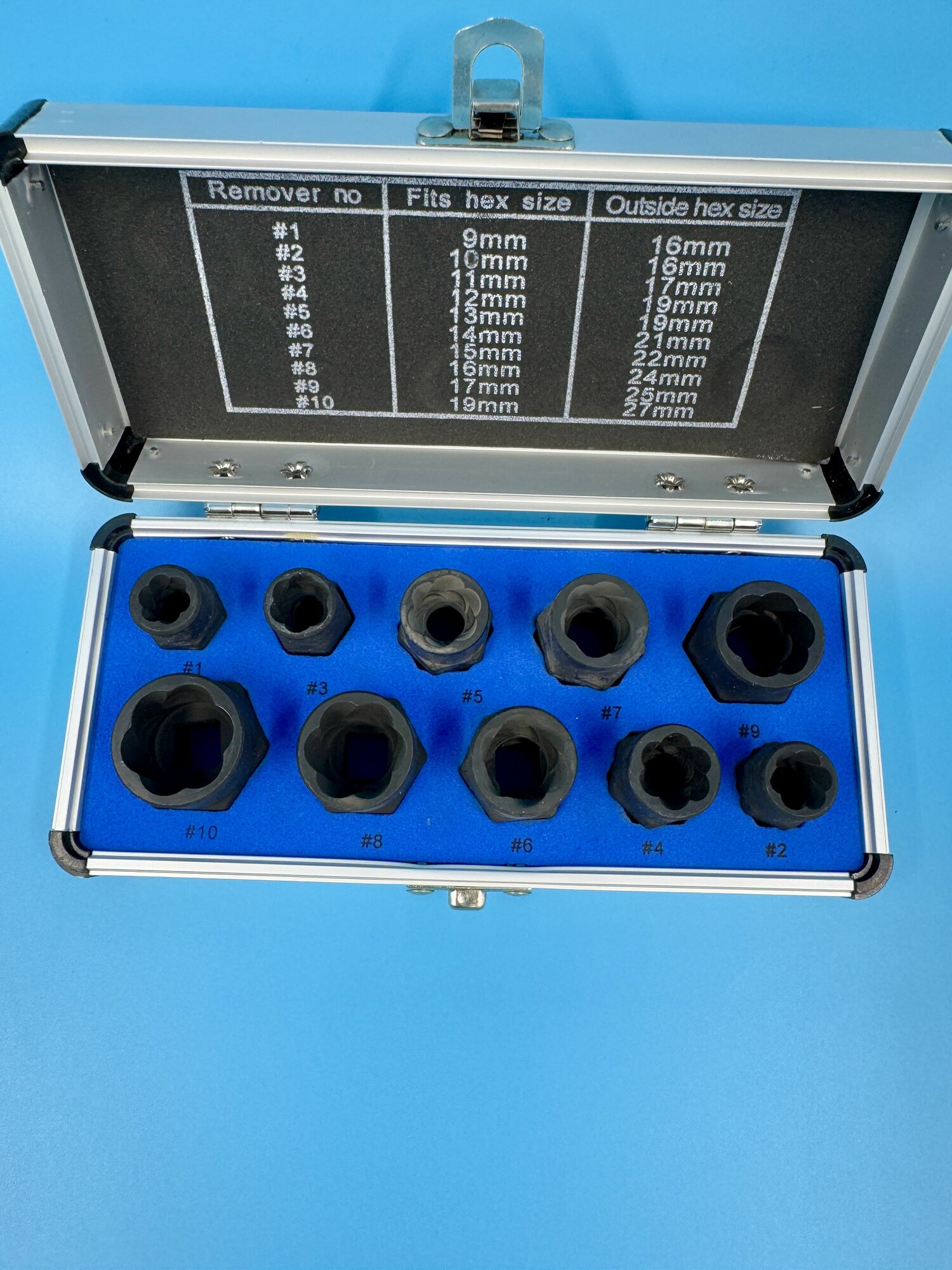 Набор экстракторов для поврежденных болтов, 9-19мм, алюминиевый кейс, 10 штук