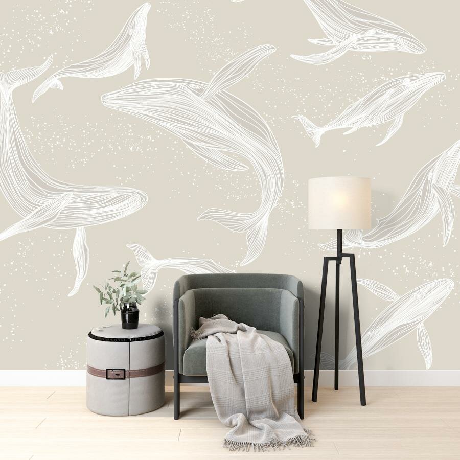 Фотообои Киты в спальню 14-1254-S-Холст 270 x 200 см (ВхШ) Бесшовные, флизелиновые, влагостойкие обои
