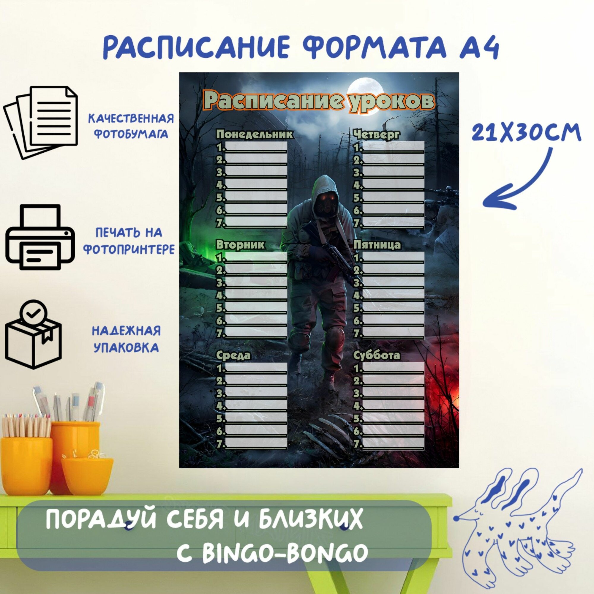 Расписание уроков формата А4, с принтом Сталкер, Stalker