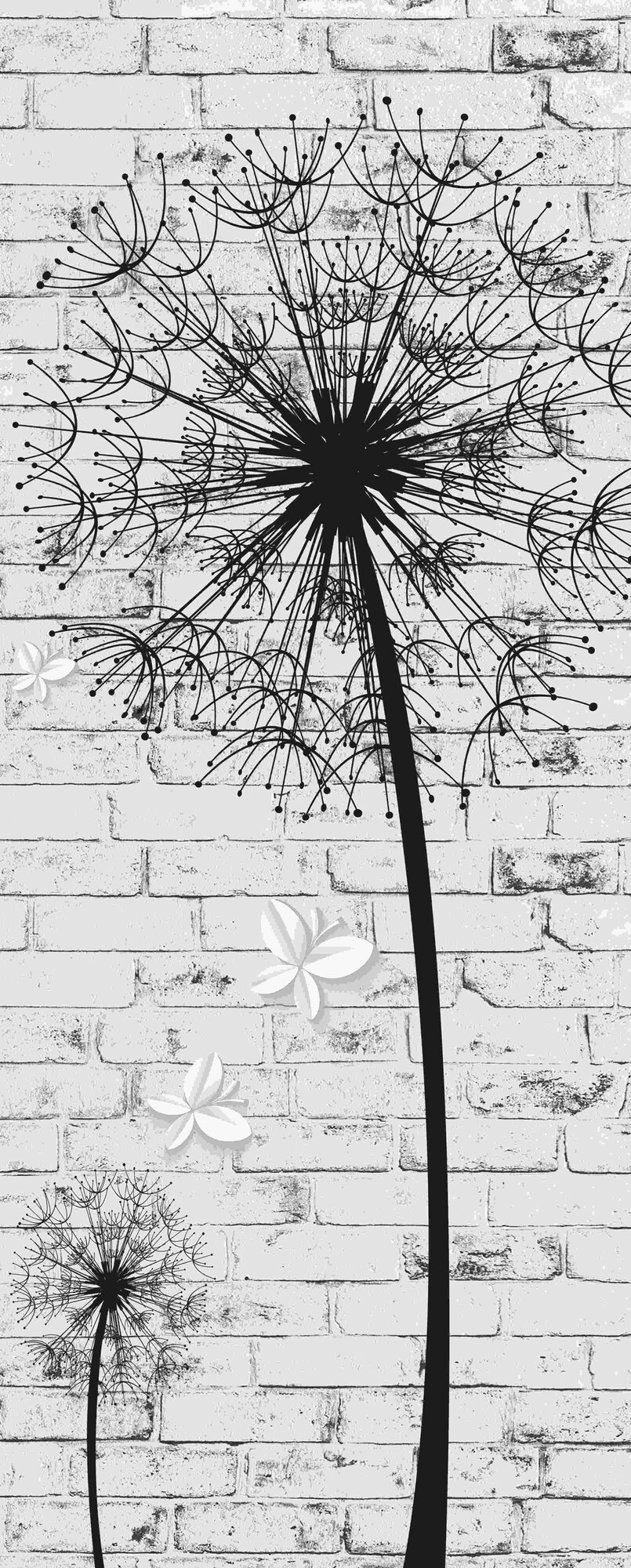 Фотообои на стену антивандальные 100х260см Одуванчики на стене 3D винил на флизелине зеркальные