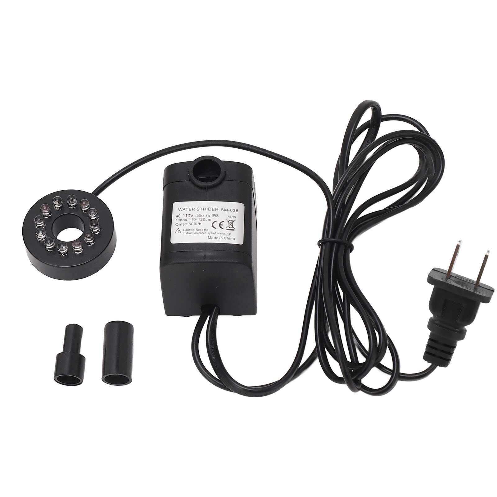 Погружной насос 8 Вт 600 л/ч IP68, сверхтихий, для фонтана, с цветной светодиодной подсветкой, для пруда, аквариума, рыбного резервуара, вилка США 110 В