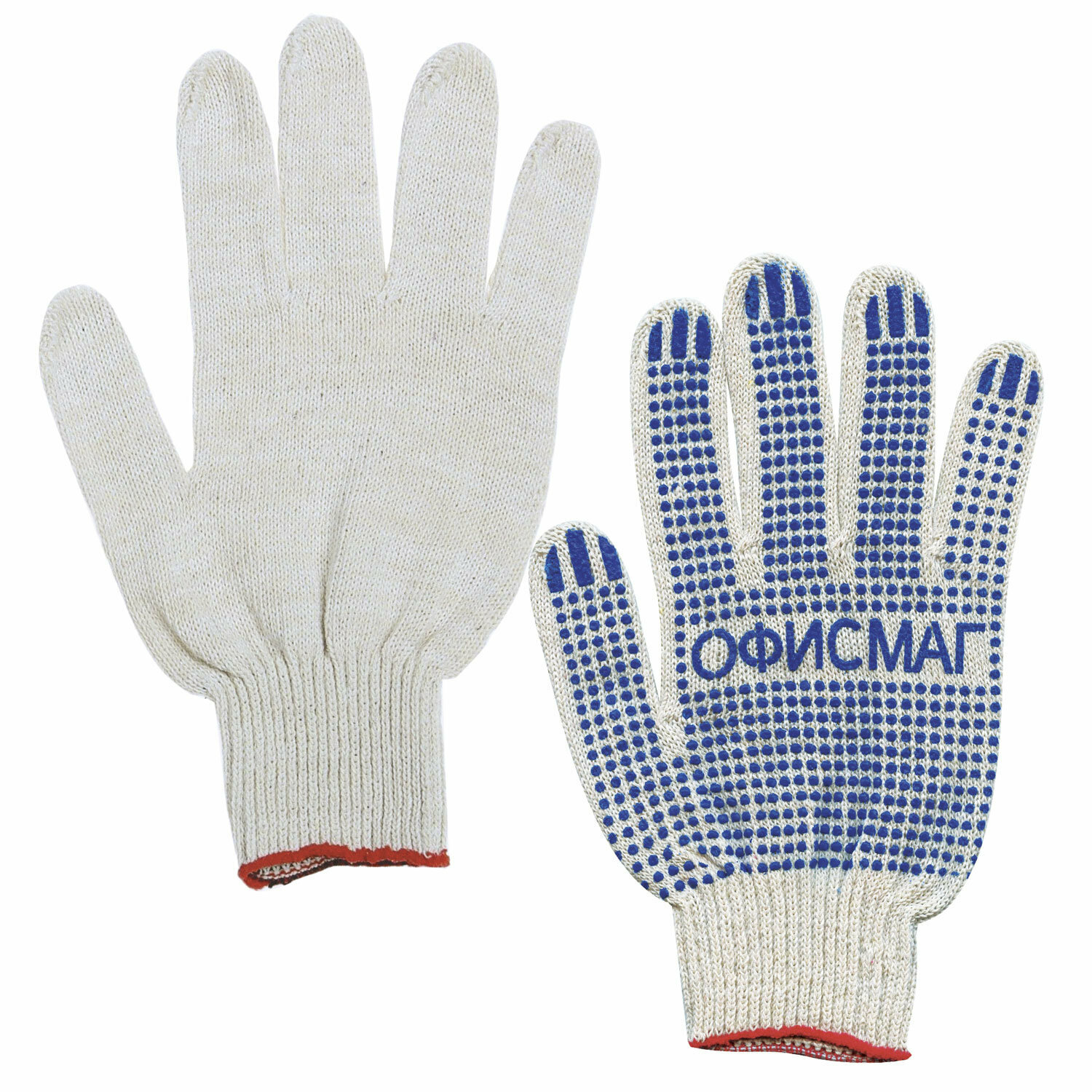 Перчатки хлопчатобумажные Офисмаг 5 пар, 10 класс, 40-42 г, 116 текс, ПВХ точка, люкс, белые