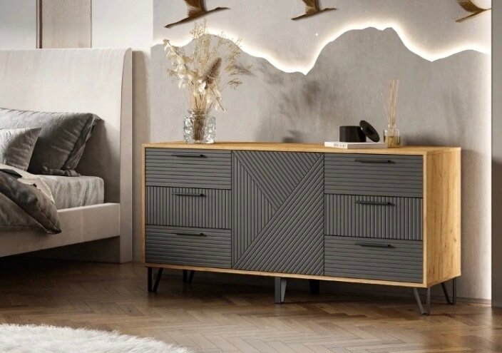 Комод флэш 1.5 метра. С ящиками. На ножках. Дуб Крафт золотой/ Графит