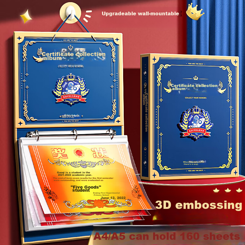 Jinzhi A4 Certificate Collection Album, Wall-Mountable Display, for Boys And Girls, High-Quality Honor Certificates And Medals, Elementary School Student Organizer, Children's Storage Album, Photo Album Box, File Folder, British Blue