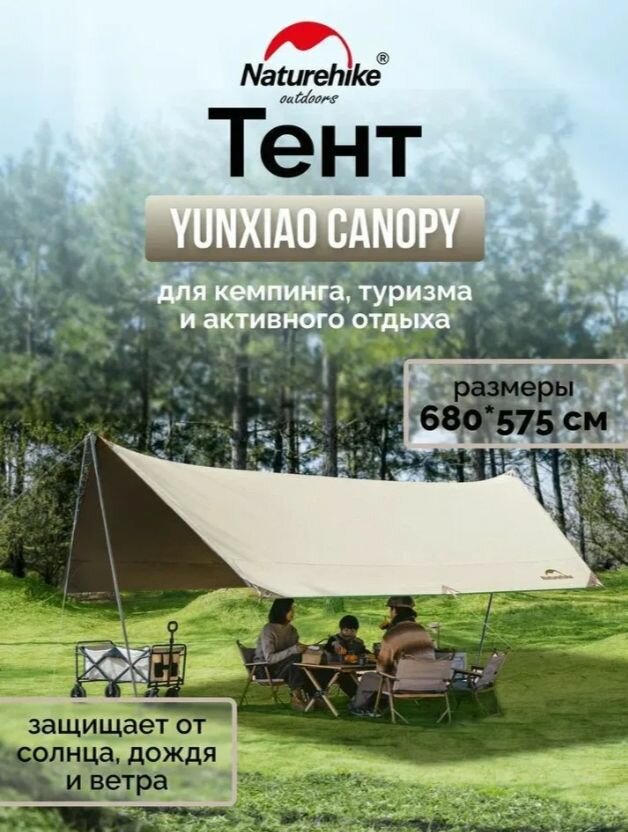 Большой тент-навес для пикника, похода, рыбалки, дачи Naturehike Yunxiao Canopy 150D, 680*575 см для кемпинга, серый (с двумя стойками)