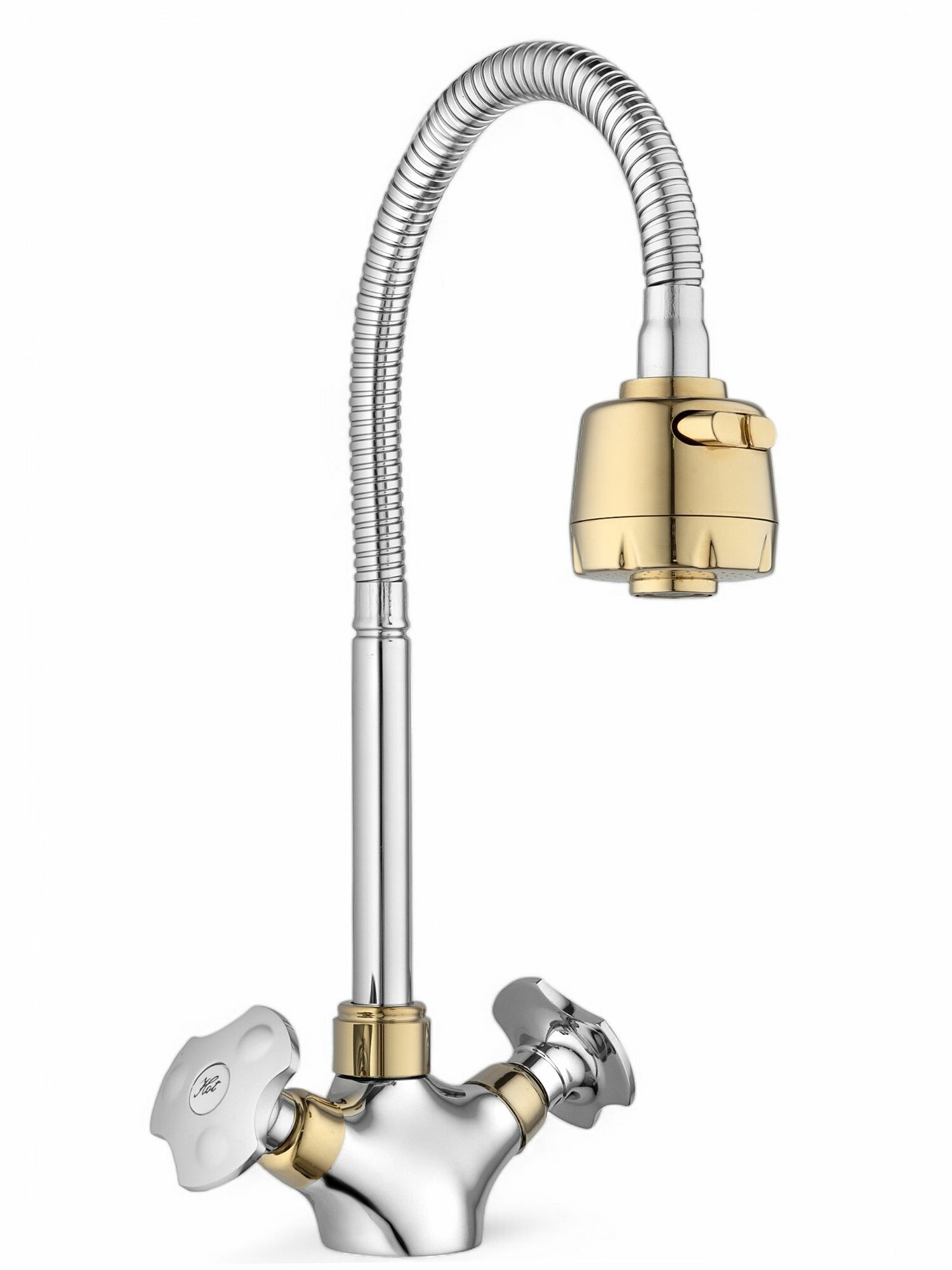 Смеситель для кухни с гибким изливом, двухрежимным аэратором, хром с золотыми вставками, Potato