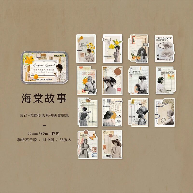56 шт./металлическая коробка, винтажные модные наклейки знаменитостей, сделай сам, скрапбукинг, коллаж, мусорный журнал, креативные канцелярские принадлежности, наклейки для рукоделия Бежевый, C