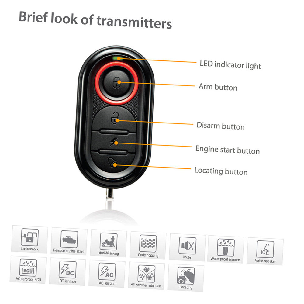 Система сигнализации для мотоцикла, односторонний дистанционный запуск двигателя с мини-передатчиком, система безопасности иммобилизации для защиты двигателя мотоцикла, модель Steelmate 986E